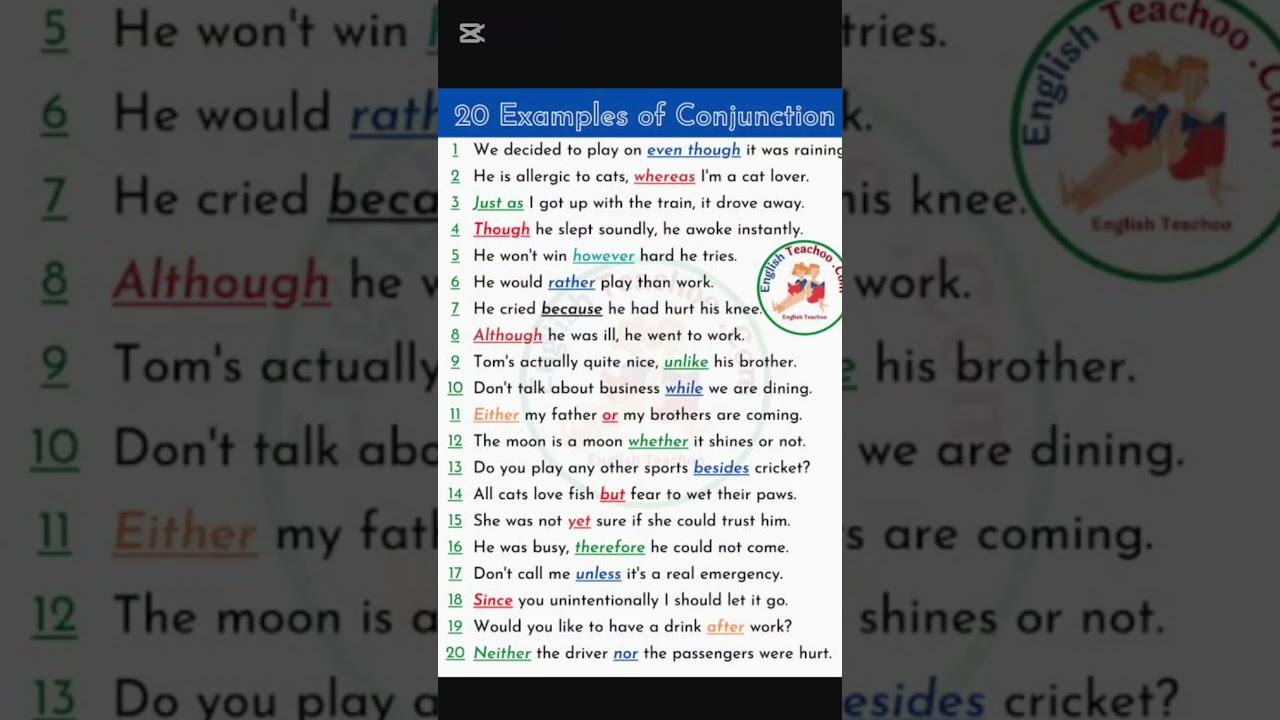 20 example of Conjunction #conjuction #simplelearning #grammar #short #viral