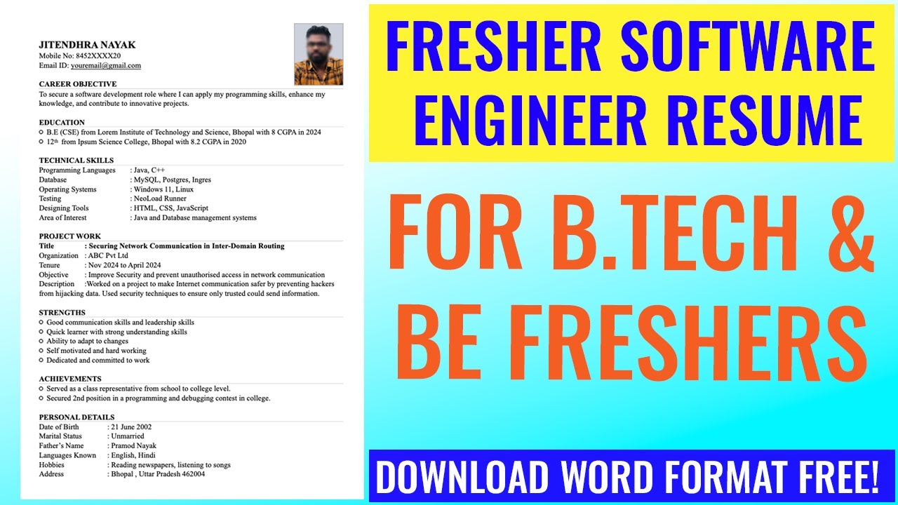 Software Engineer Fresher Resume Sample #2 | Download in the Word Format Free!