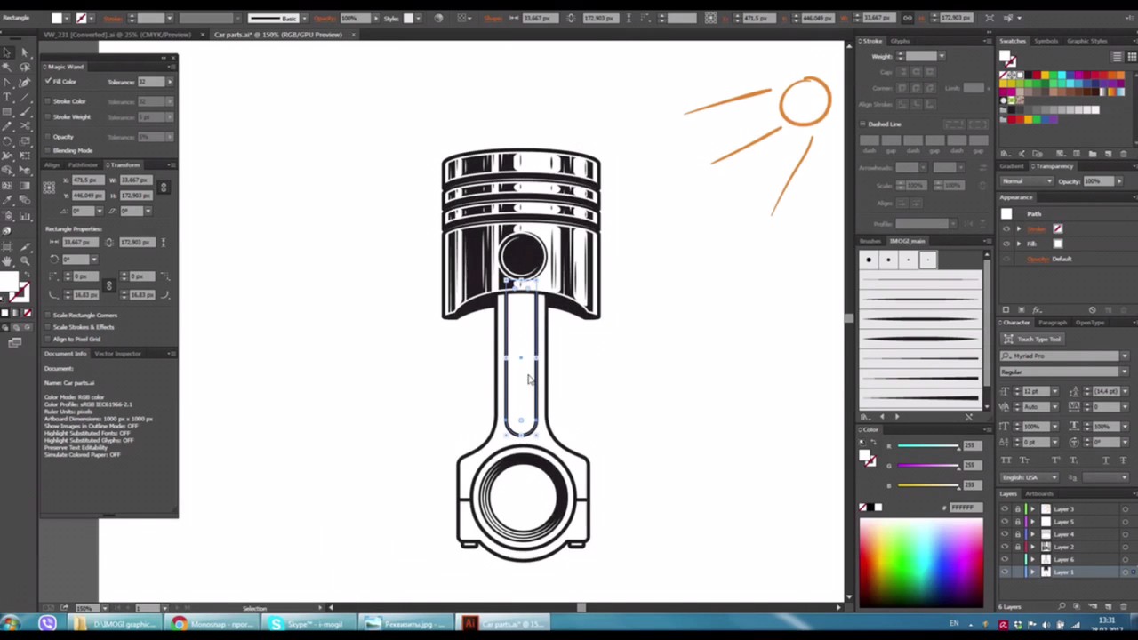 Process of creating vector piston in Adobe Illustrator.