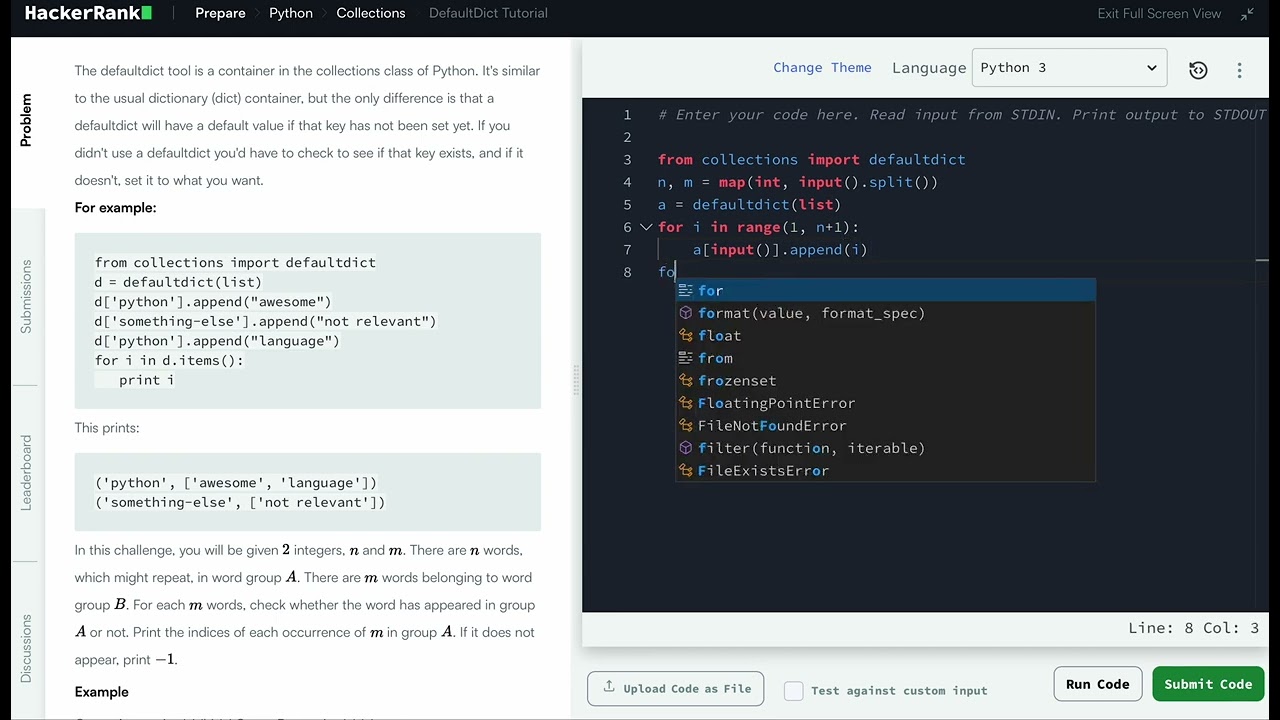 Hackerrank Python Solution #4 Collections - Python: DefaultDict Tutorial