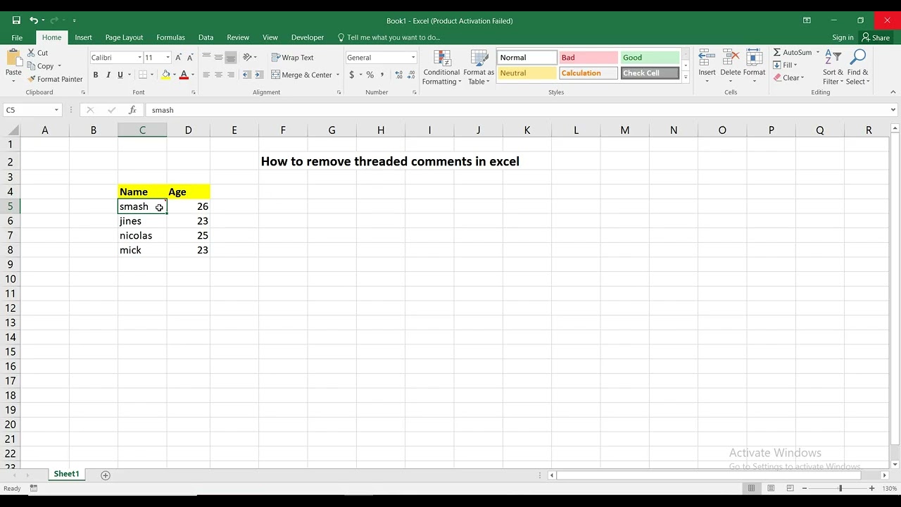 How to remove threaded comments in excel