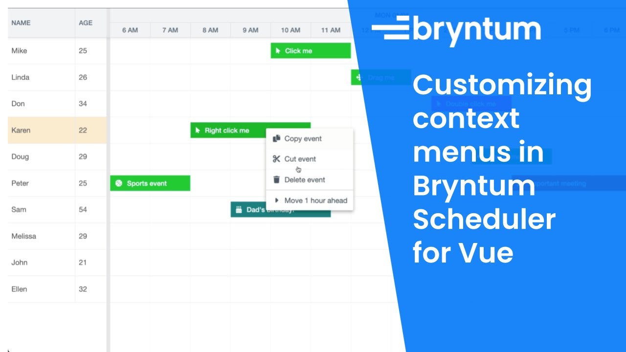 Customizing context menus in Bryntum Scheduler for Vue