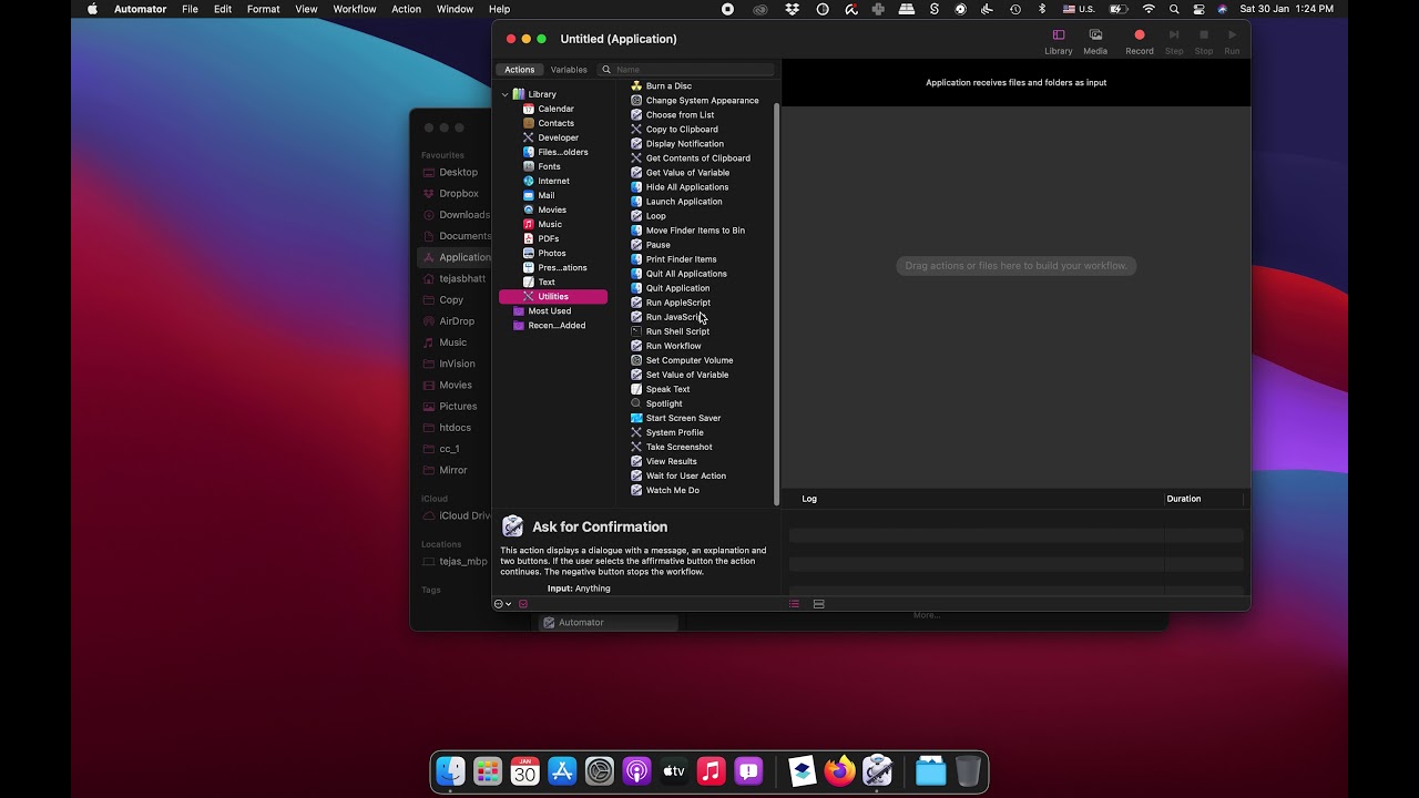 Automator on Mac - Create a shell script steps using Automator