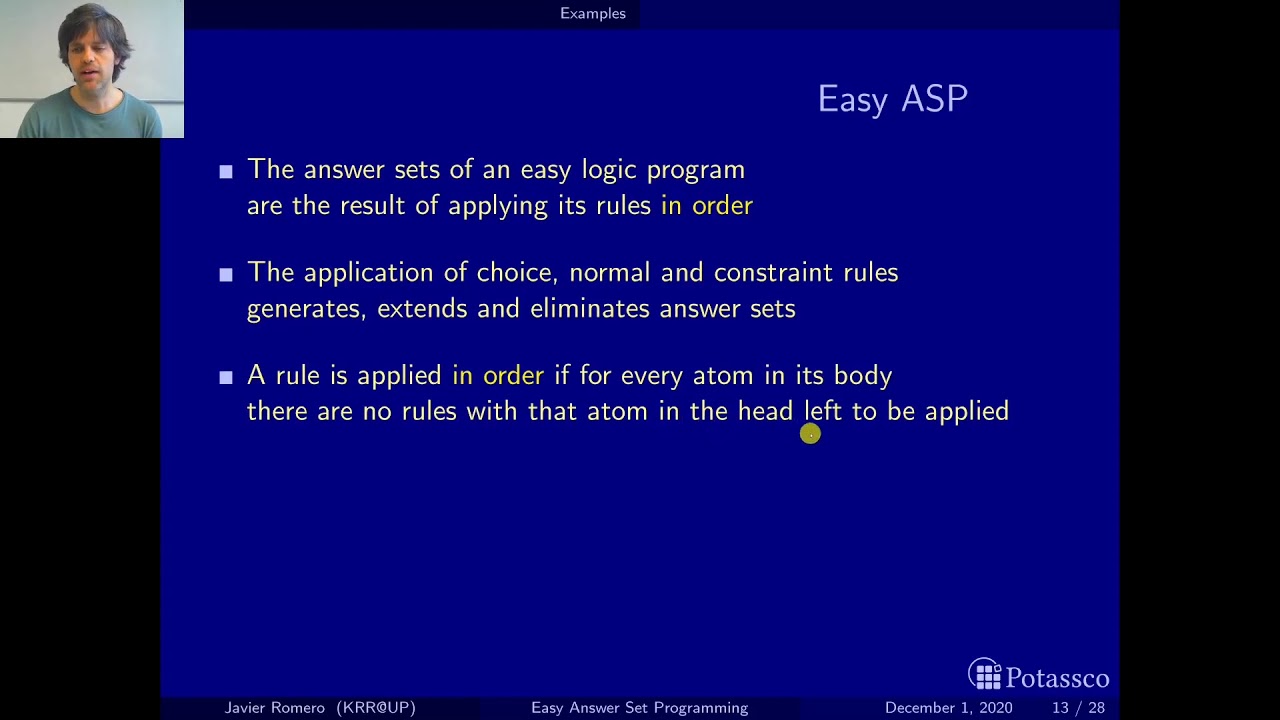 Easy answer set programming, introduction, examples summary