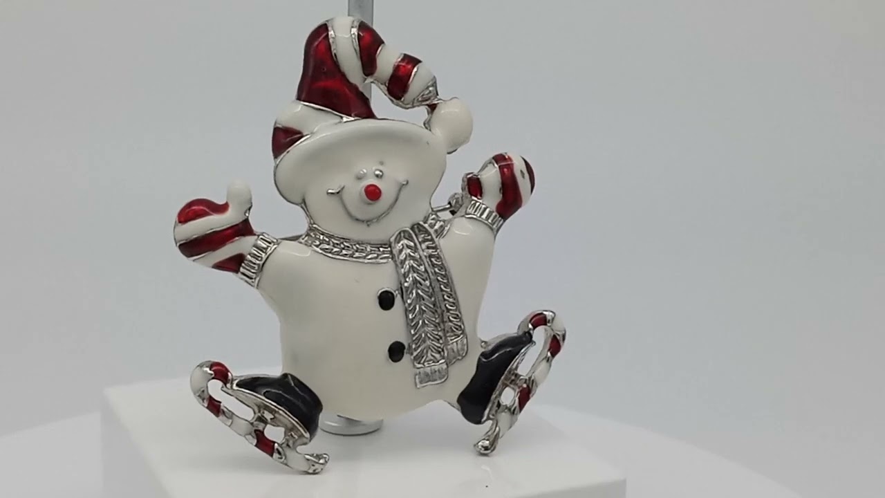 Vintage Snowman Ice Skating Brooch Pin Christmas Holiday Enamel Silver Tone