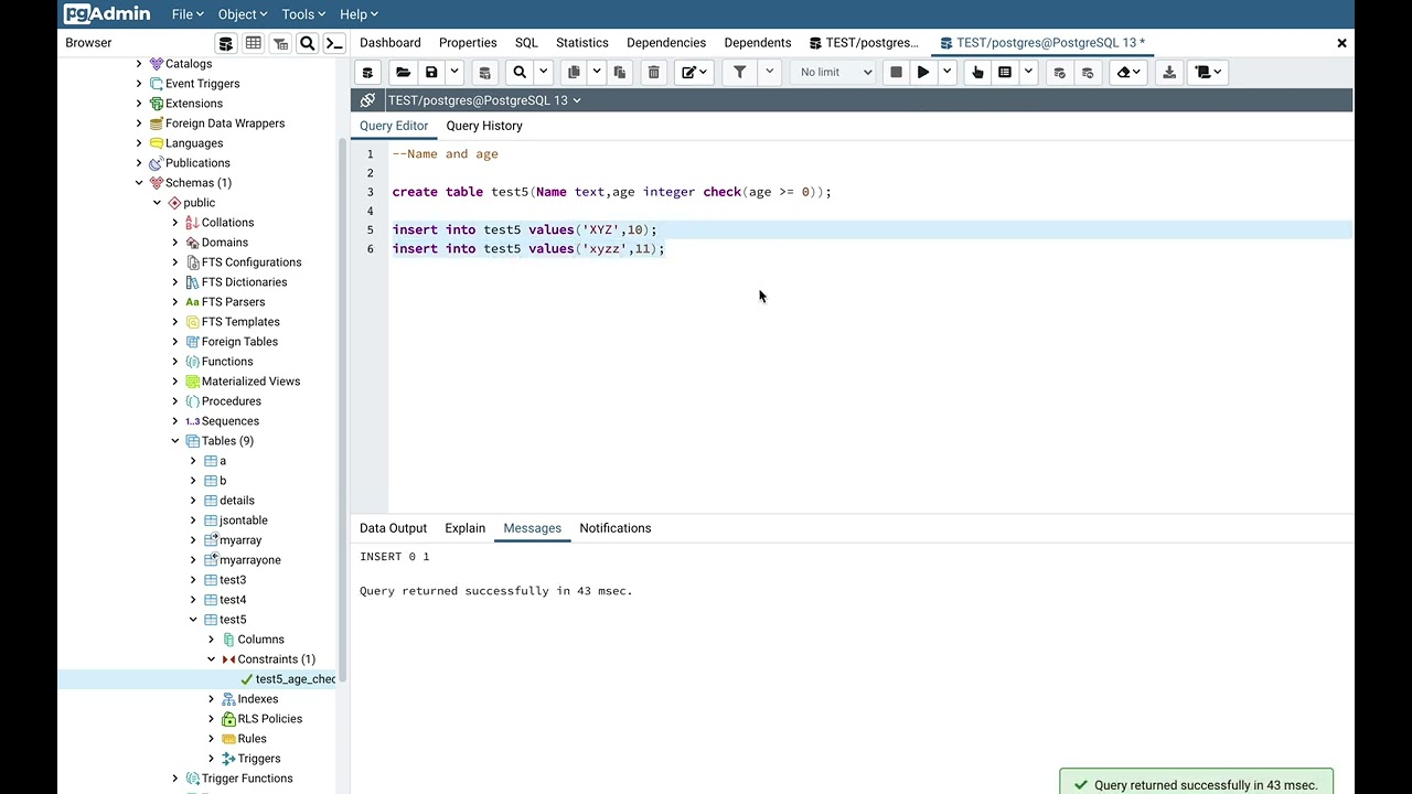 How to use check constraint in Postgres SQL