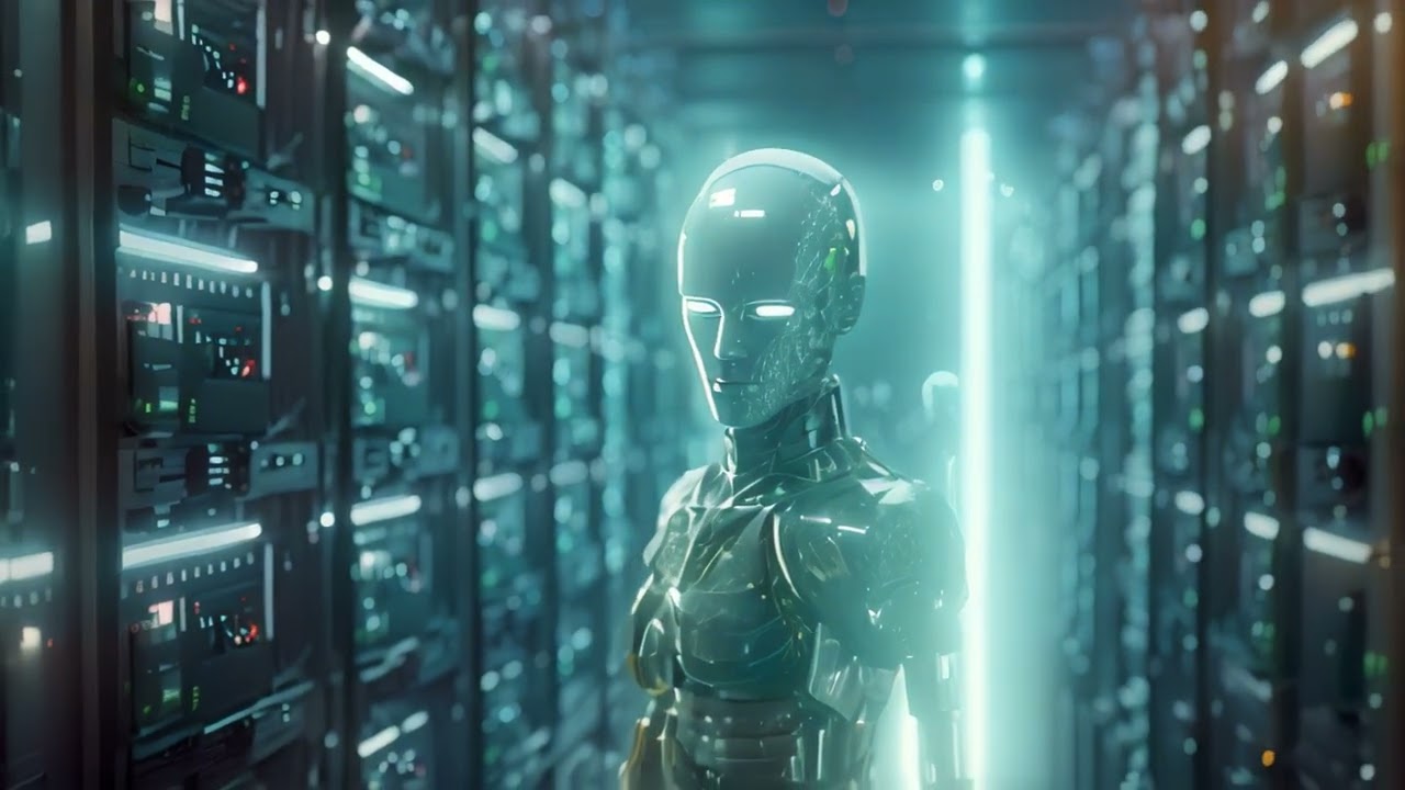 3D rendering humanoid robot working in server room with binary code on screen,