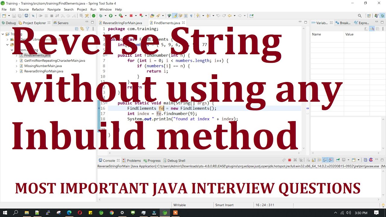 Reverse String without using any inbuild method or function - Java interview questions