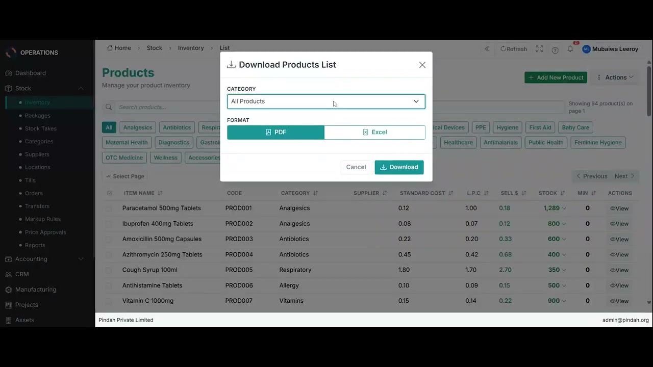 Download Product Inventory as PDF or Excel