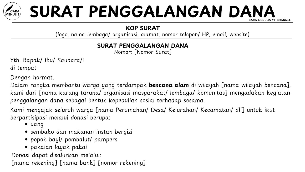 CONTOH DAN FORMAT SURAT PENGGALANGAN DANA KORBAN BENCANA
