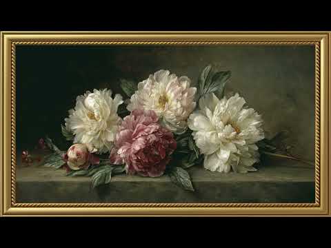 Vintage White and Pink Peonies Painting | Gold Frame TV Art | Art Screensaver for TV 2 Hrs