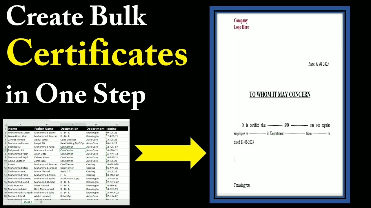 create bulk certificates in one step using excel and word | auto create certificates  in word
