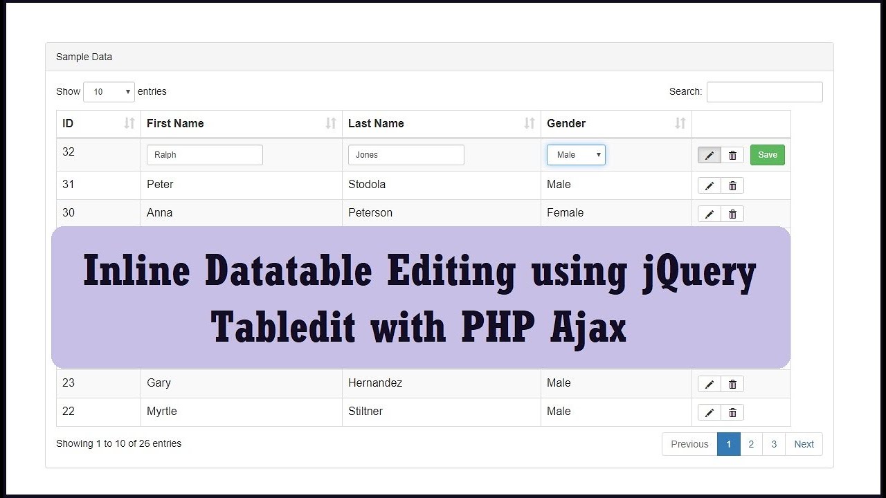 Inline Datatable Editing using jQuery Tabledit with PHP Ajax