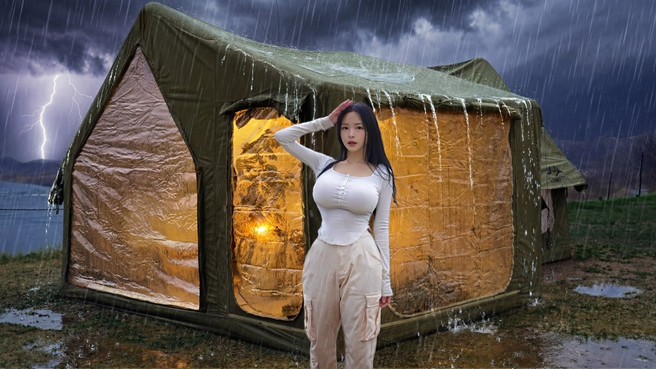 Camping in Heavy Rain☔️with 2-Room Inflatable Tent⚡️ Rain Camp ASMR
