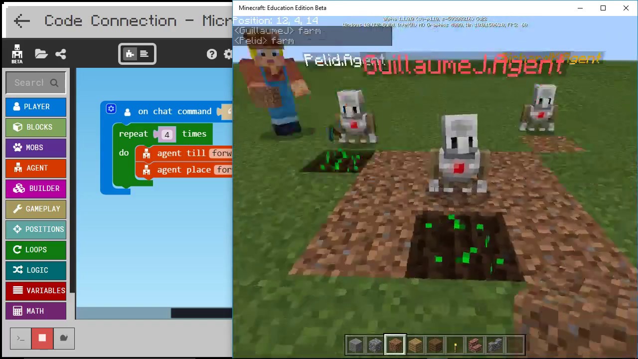 Farming with the agent! - MakeCode for Minecraft Code Builder
