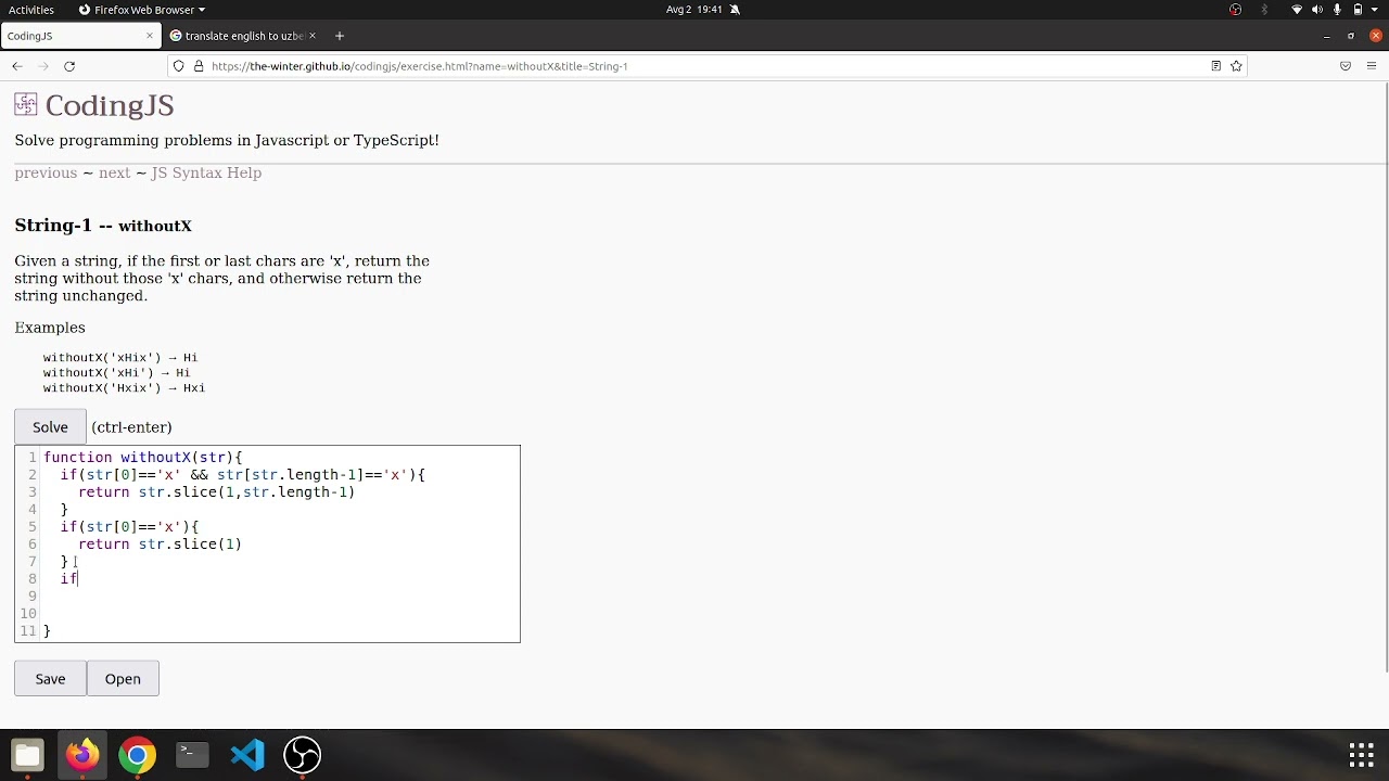String 1 withoutX  Javascript solution
