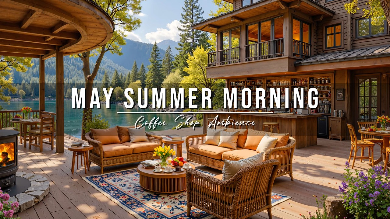 Relaxing May Summer Morning at Outdoor Coffee Shop Ambience ☕ Soft Piano Jazz Music for Work & Study