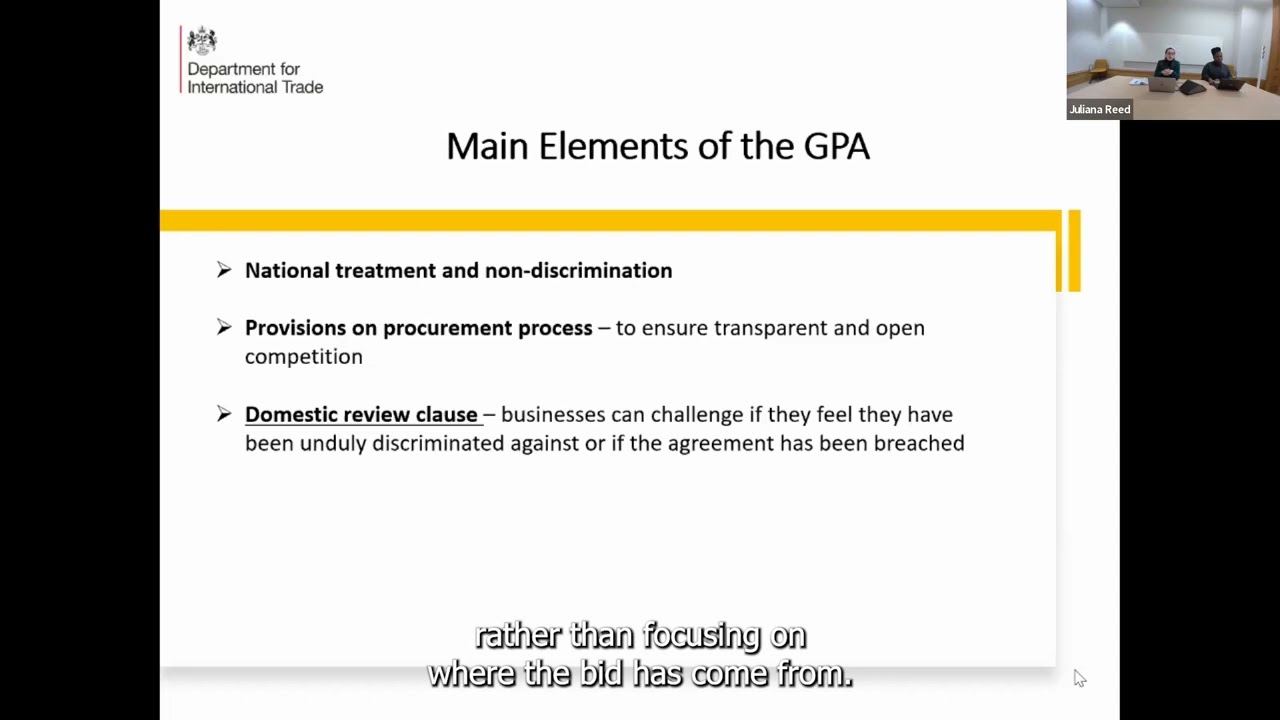 What are the main elements of the World Trade Organisation's Government Procurement Agreement?
