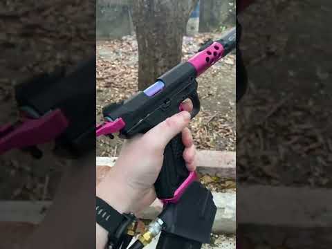 Custom PINK AAP01 airsoft pistol full-auto feeding test with Monk HPA adapter