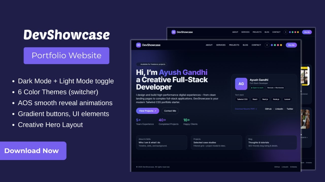 DevShowcase – Premium Multi-Page Tailwind CSS Portfolio Template | Developer Portfolio Website
