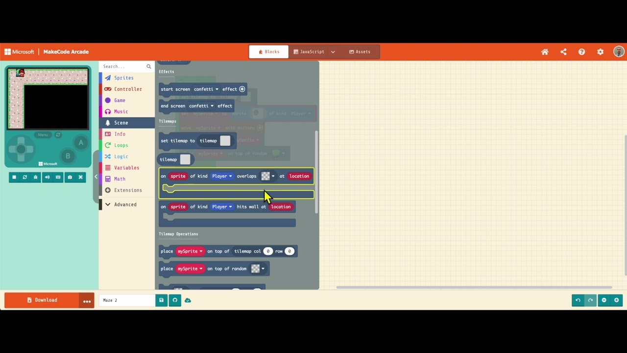 MakeCode Arcade: Tilemap Game - Part 2 (start point & reset when touching)