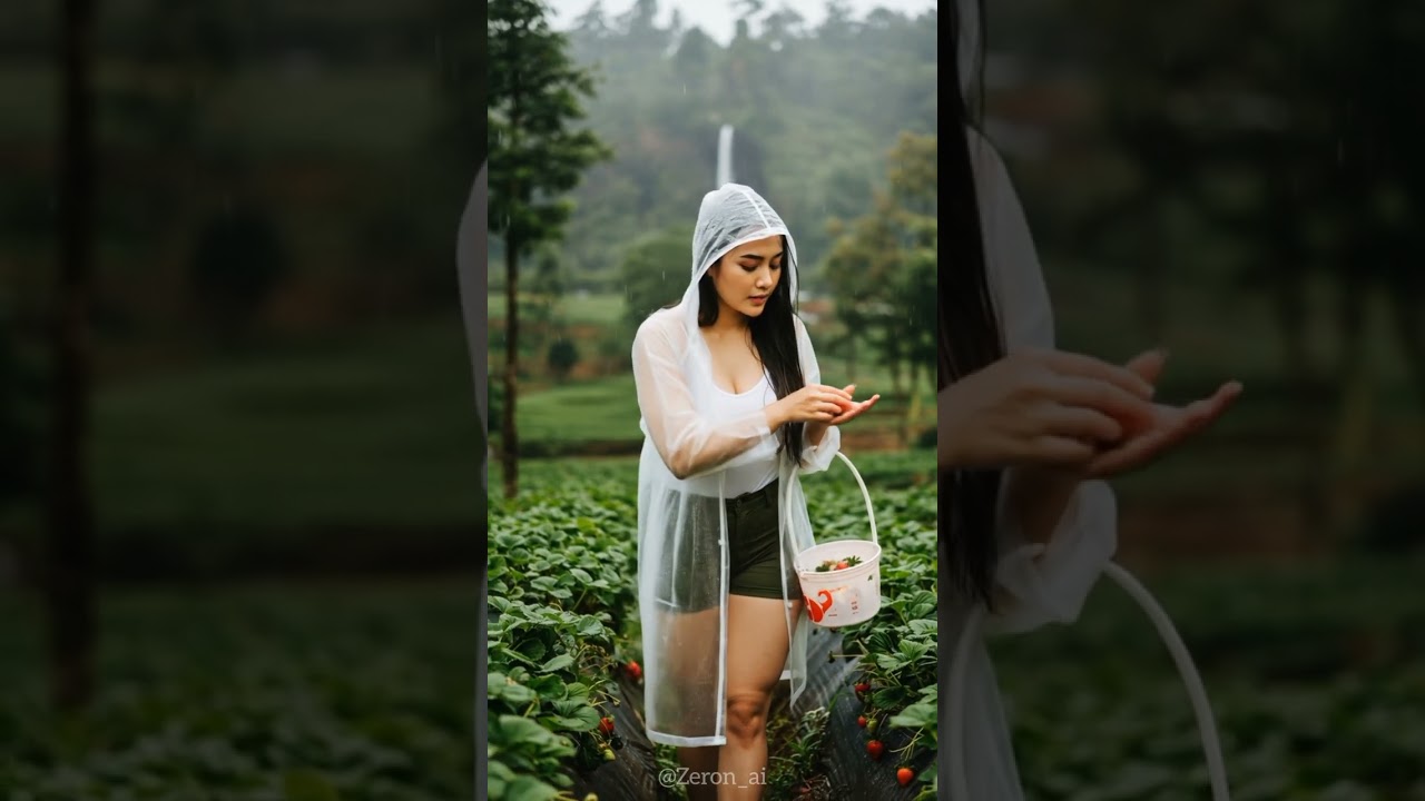 Woman Picking strawberries in the rain