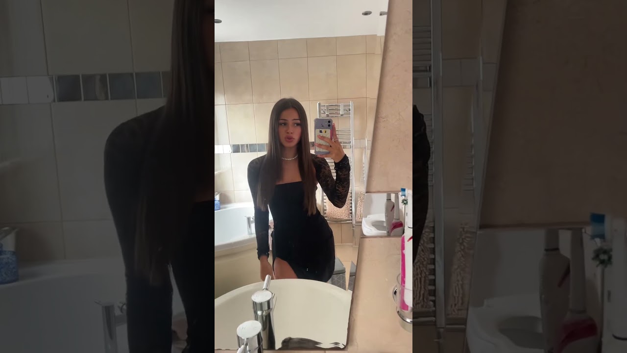 Charming Bathroom Selfie: Brunette Model in Elegant Black Dress#selfie #bathroomselfie