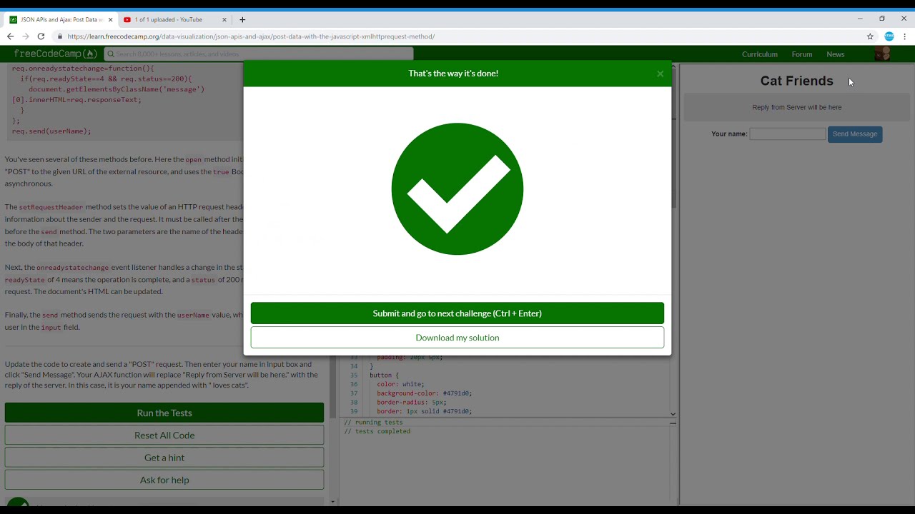 JSON APIs and Ajax  Post Data with the JavaScript XMLHttpRequest Method   Learn freeCodeCamp10/10
