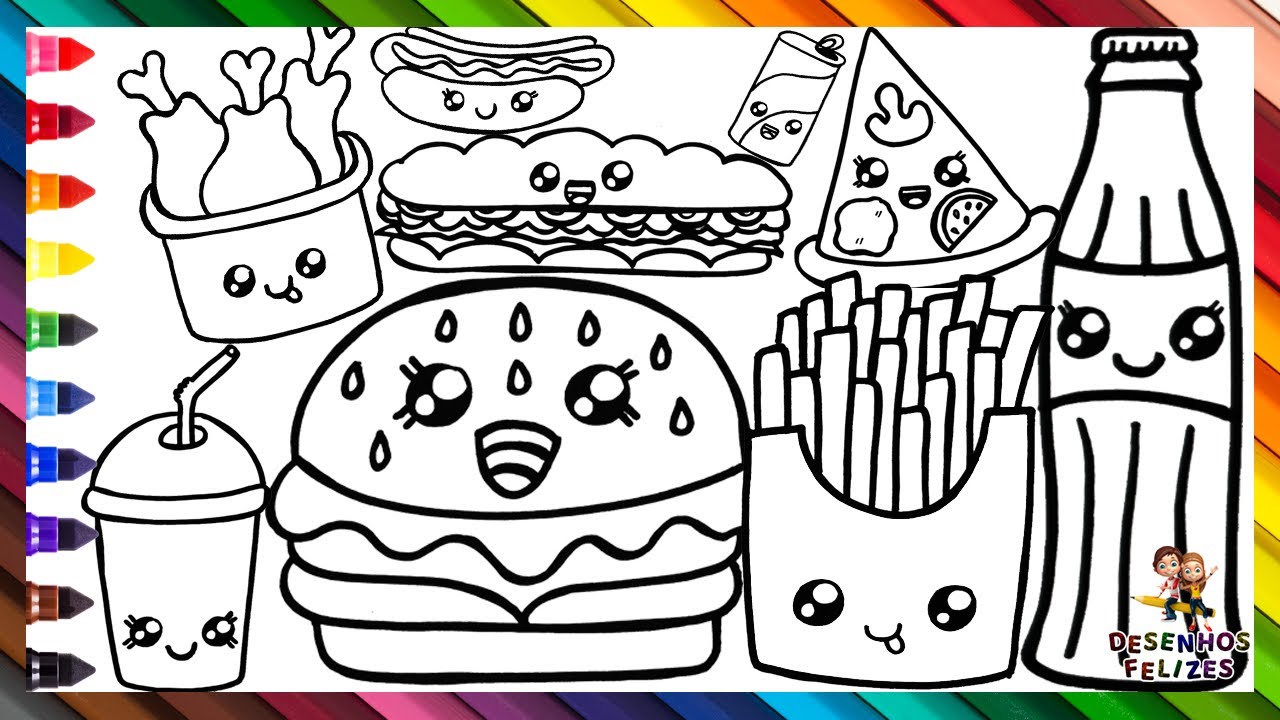 Desenhar E Colorir Comida Rápida 🍔🥤🌭🍕🥪🍗 Hambúrguer, Refrigerante, Cachorro Quente, Pizza e Mais