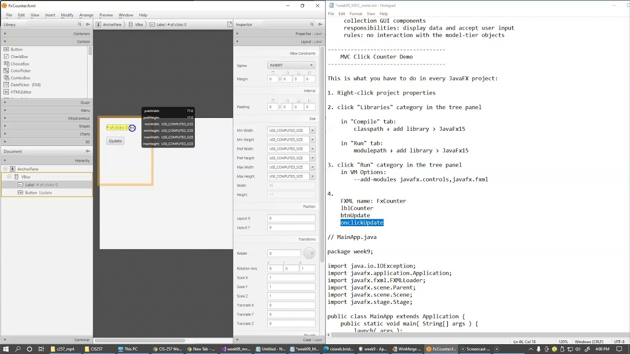 9.3 MVC Click Counter, adding FXML file, using Scene Builder to design GUI