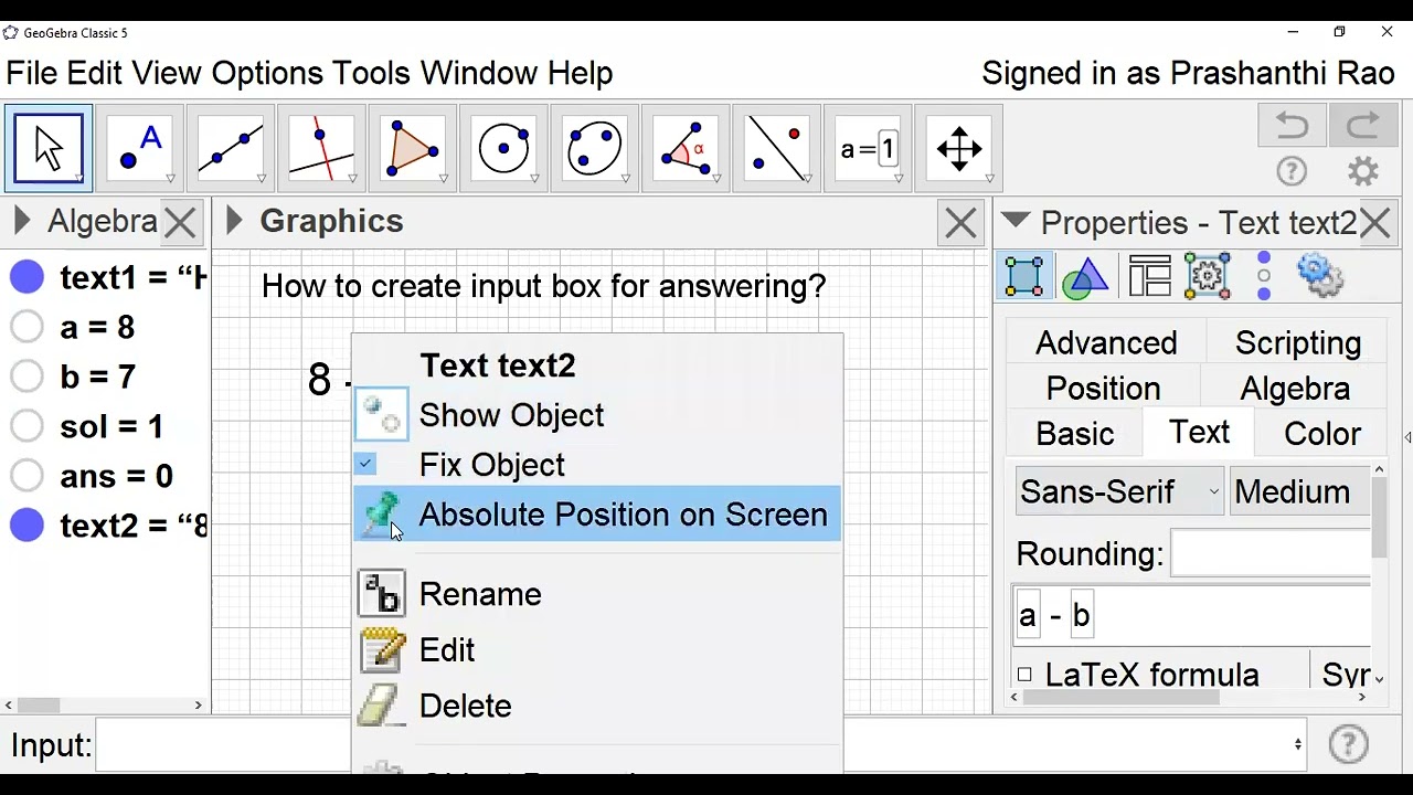 Class-23: How to create input box for answering in GeoGebra