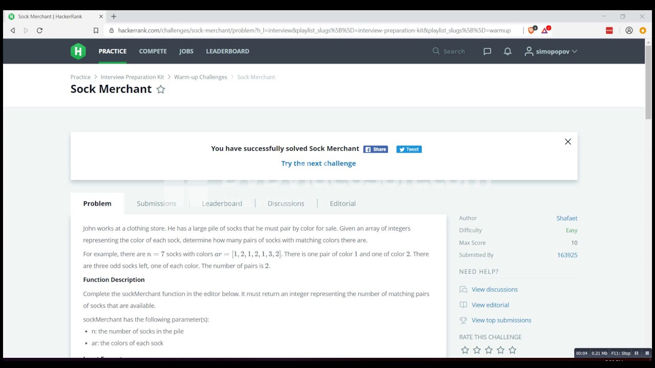 HackerRank|Sock Merchant challenge with python3