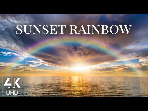 10 HRS Animated TV Screensaver in 4K - Thunder and Ocean Sounds - Rainbow Over Marine Sunset