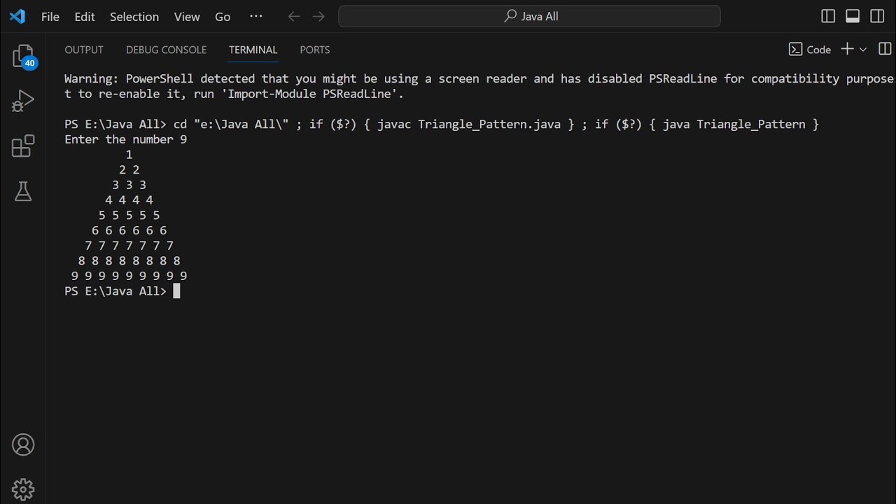 Java Program Number Triangular Pattern For Visual Studio Code (VS Code) #coding