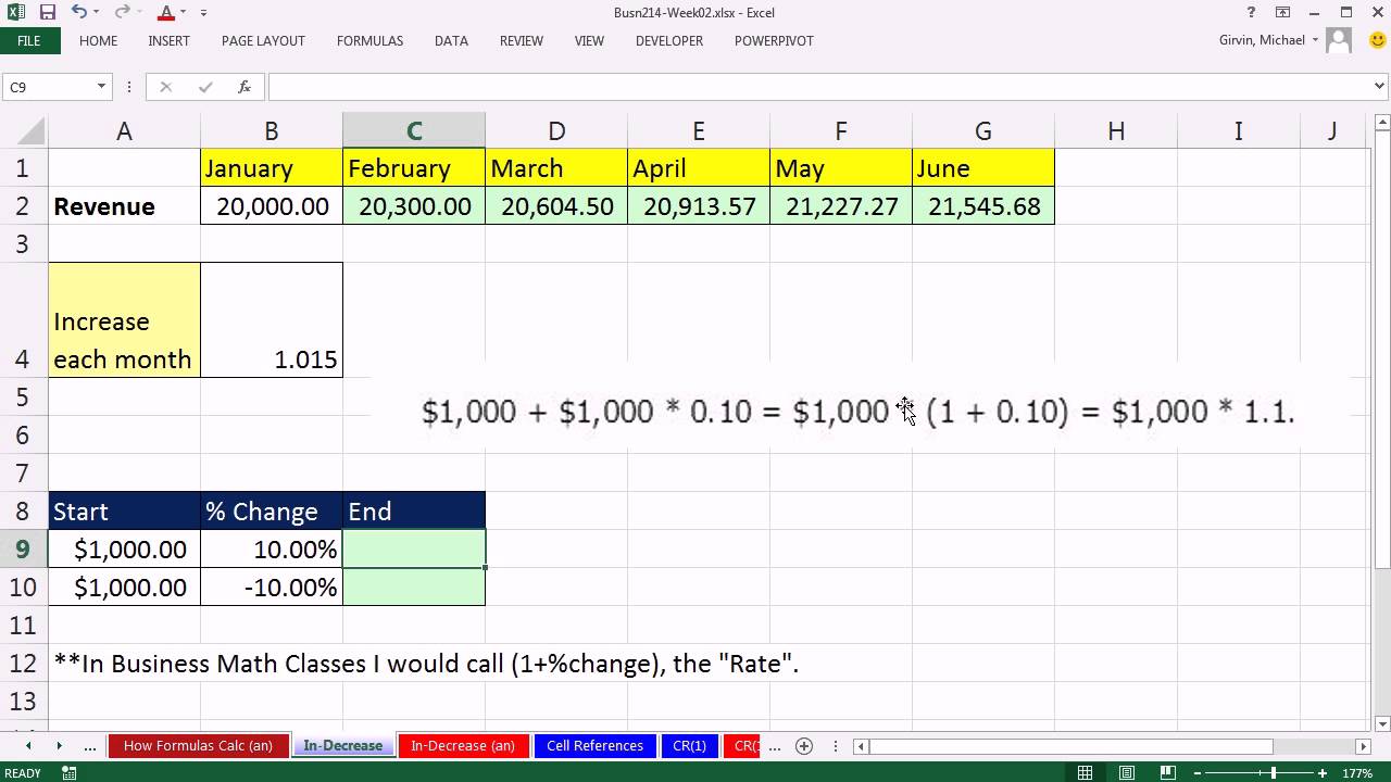 Highline Excel 2013 Class Video 04: Percentage Increase or Decrease Formula