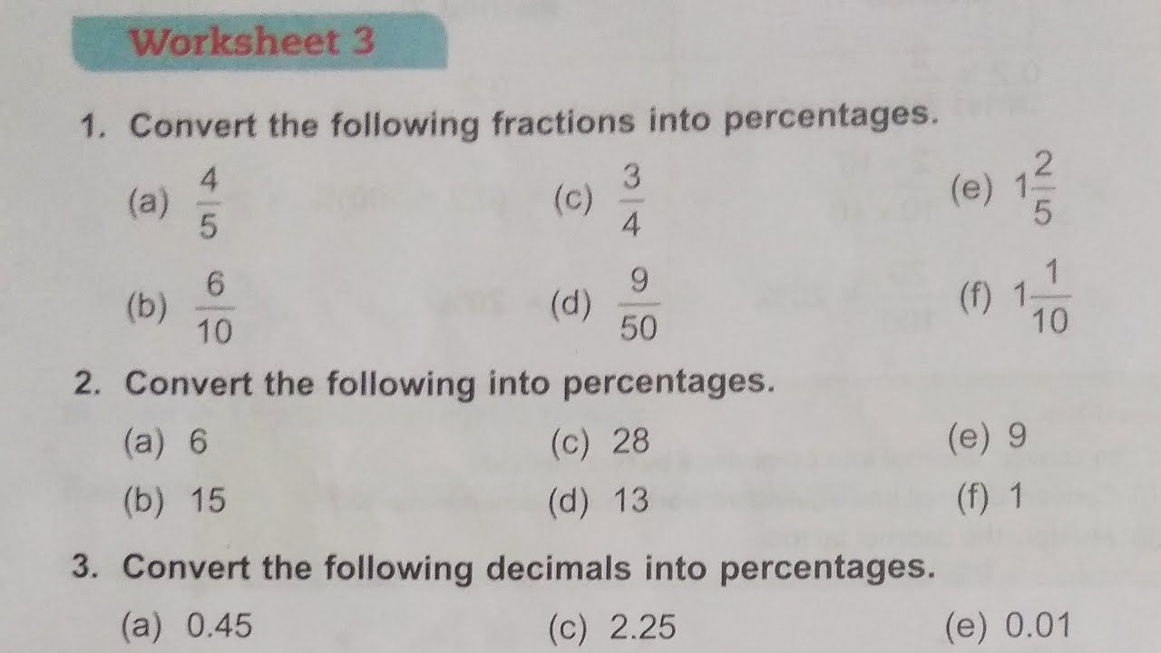 Dav Class 5 Math Unit 12 Worksheet 3 | Percentage ||Convert The fraction & Decimals InTo Percentage