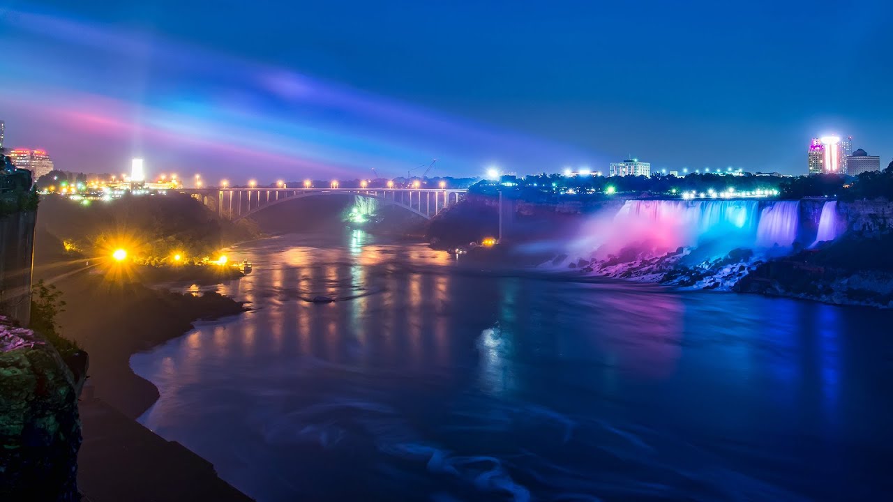 Niagara Falls Waterfalls Night Lights US Canada Border | 4K Wallpapers (Free Download Link)