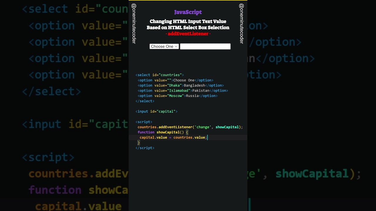 JavaScript · Changing HTML Input Text Value Based on HTML Select Box Selection · addEventListener