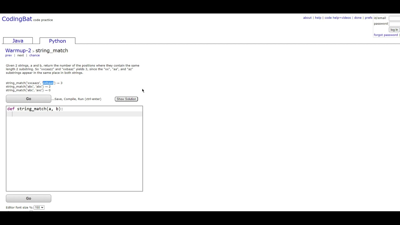 Warmup-2 (string_match) Python Tutorial || Codingbat.com