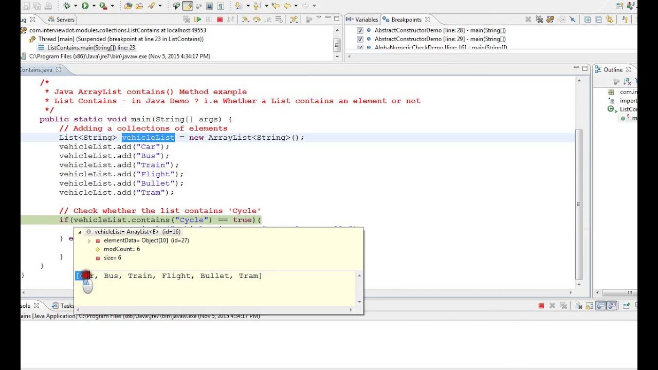 JAVA ARRAYLIST CONTAINS METHOD EXAMPLE DEMO