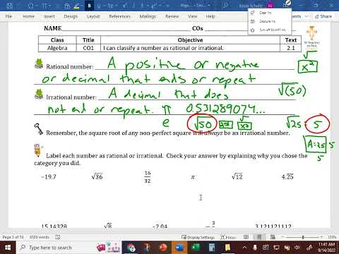 7 Algebra 9/14/22 CO1...Rational and Irrational Numbers