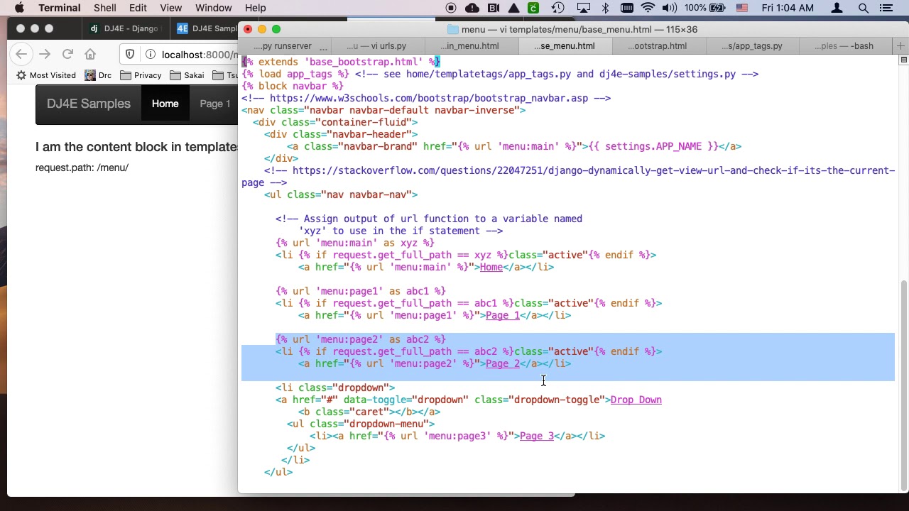 Walking through the DJ4E Bootstrap Menu (menu) Sample Code