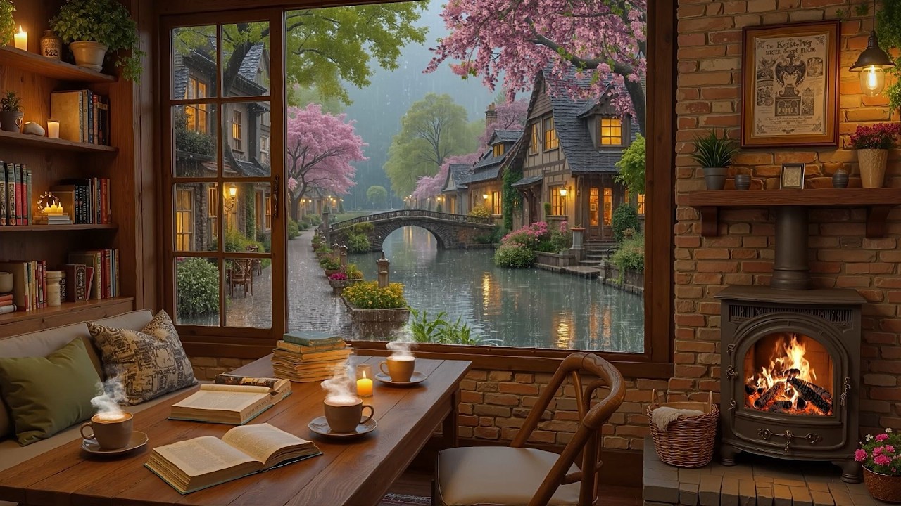 Spring Rain & Relaxing Café Jazz ☕ Warm Fire Glow & Soft Piano Melodies For Peace