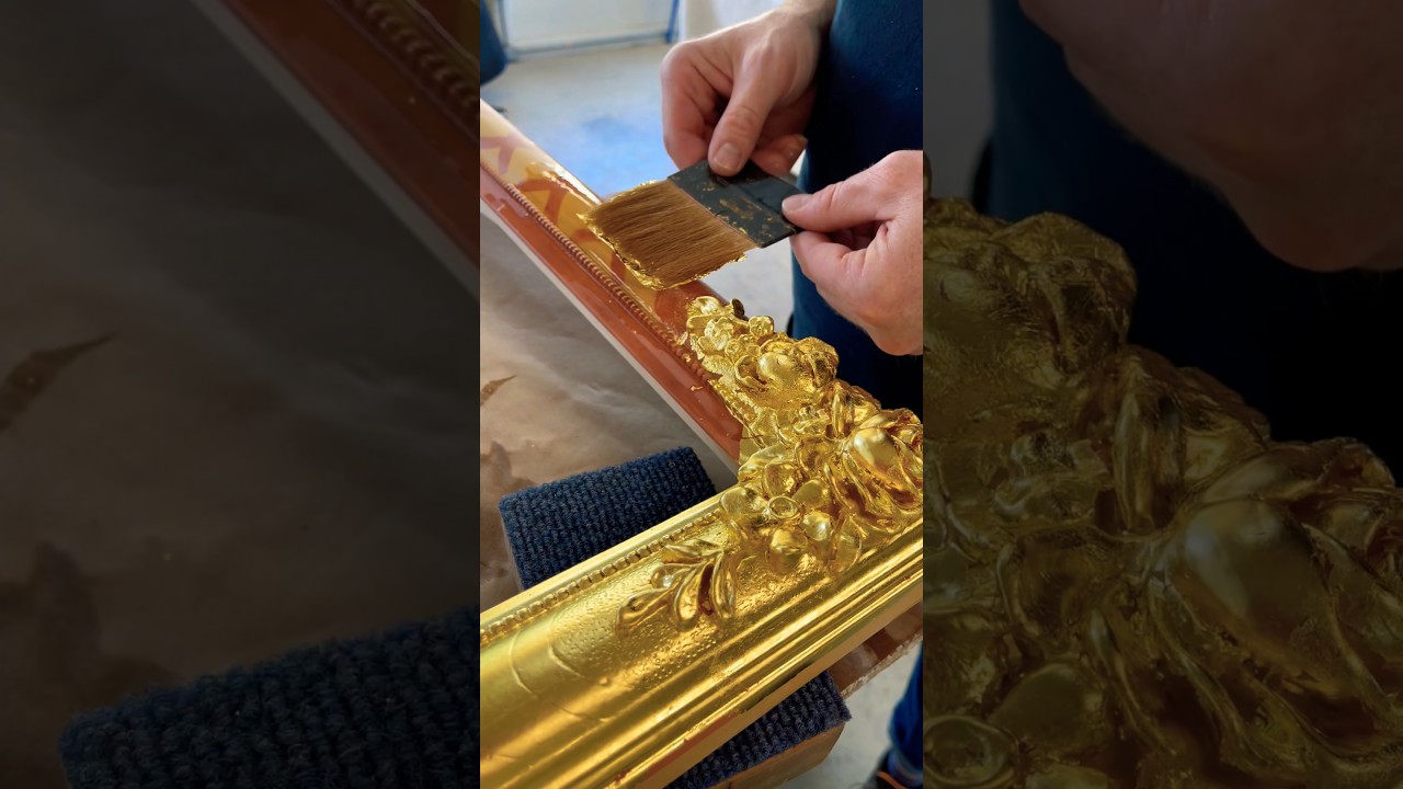 Laying gold leaf on a handmade frame #woodcarving #satisfying #art #gilding #gold #restoration #wood