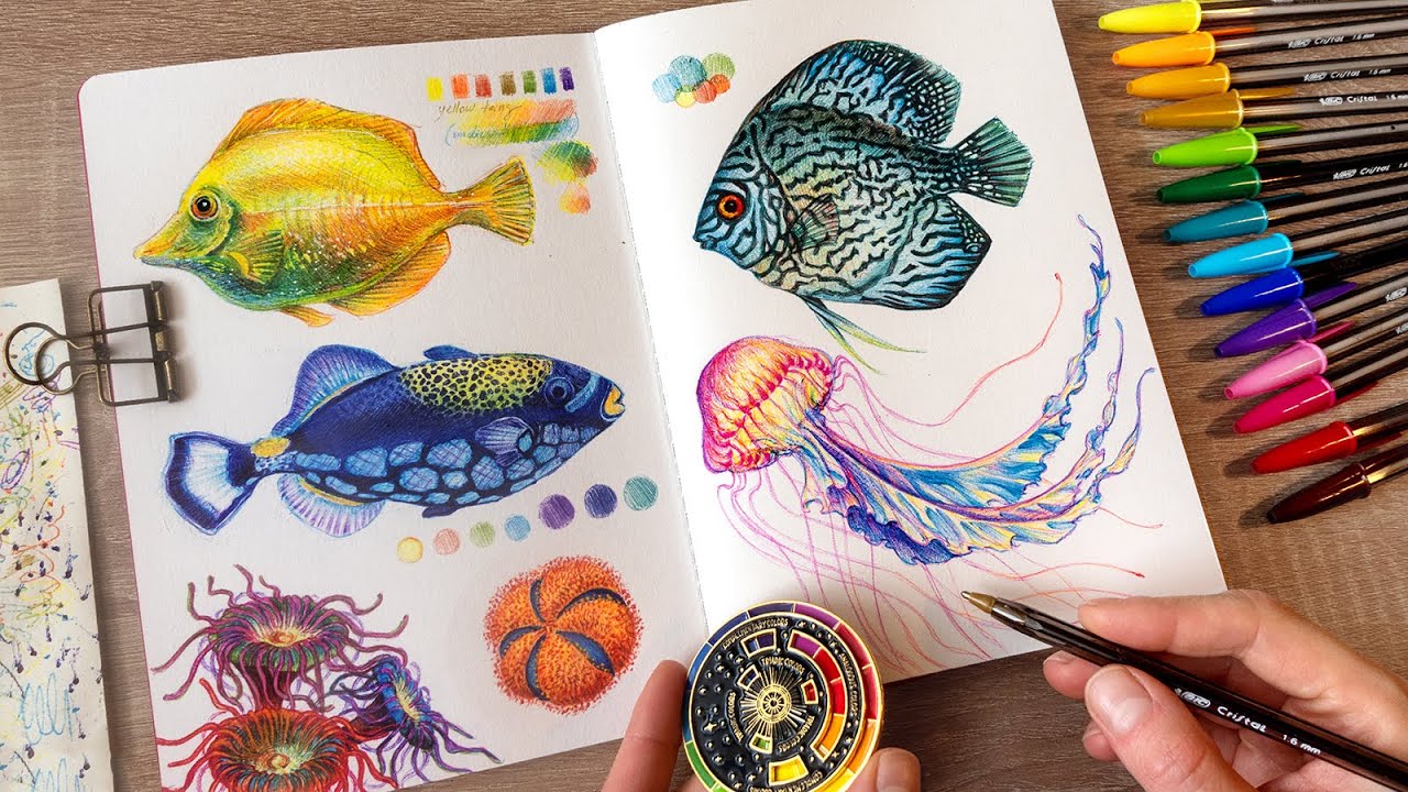 Drawing ocean animals with 15 Ballpoint Pens | no music, no talking 🐟