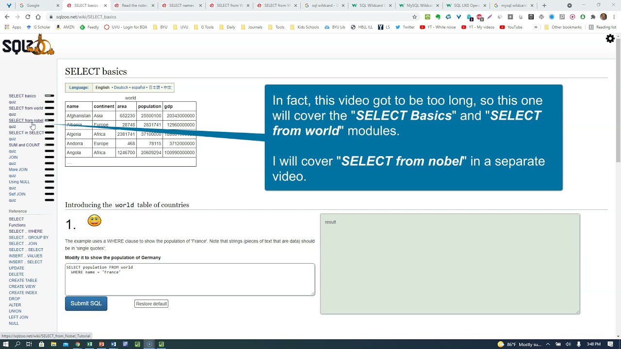 SQL - SQLZoo - How to do the various 