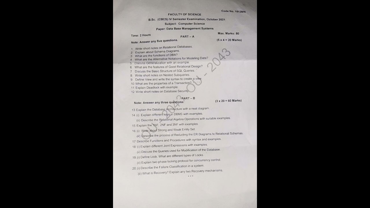 B.sc 2nd year 4 semester (CBCS) exam question paper October 2021 # data base management system# (cs)