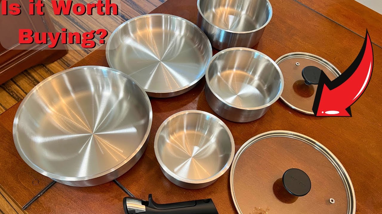 CAROTE Pots and Pans Set, Stainless Steel Cookware Set Detachable Handle, 9pcs Induction Kitchen