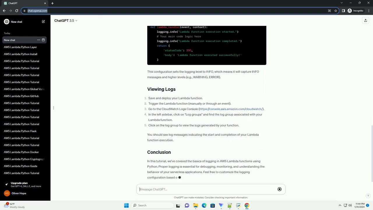 aws lambda python logging