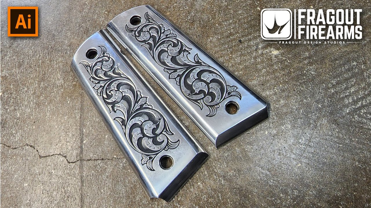 Hand Drawn 1911 Scroll Grips Laser Engraving by Fragout Design Studios